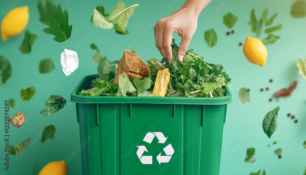 hand putting a food waste, yard waste in green organic recycling bin ...