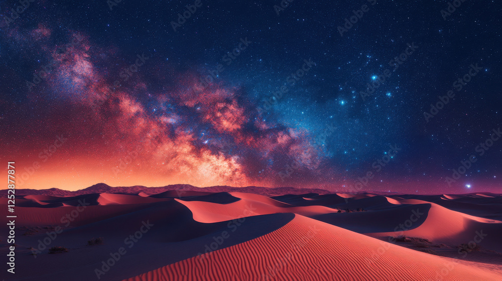 Colossal sand dunes under a mesmerizing starry night sky in a surreal ...