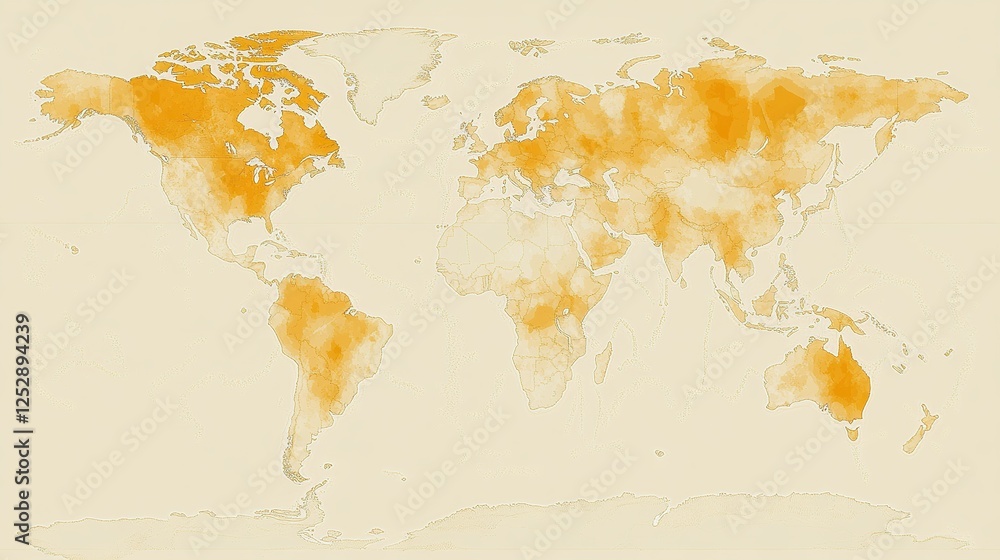 Global heatmap showing world population density, beige background, data ...