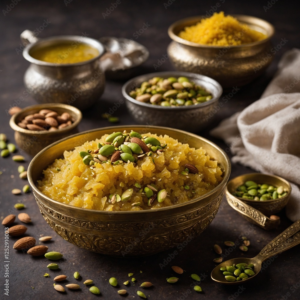 "Rich, golden Moong Dal Ka Halwa with a glossy texture, served warm in ...