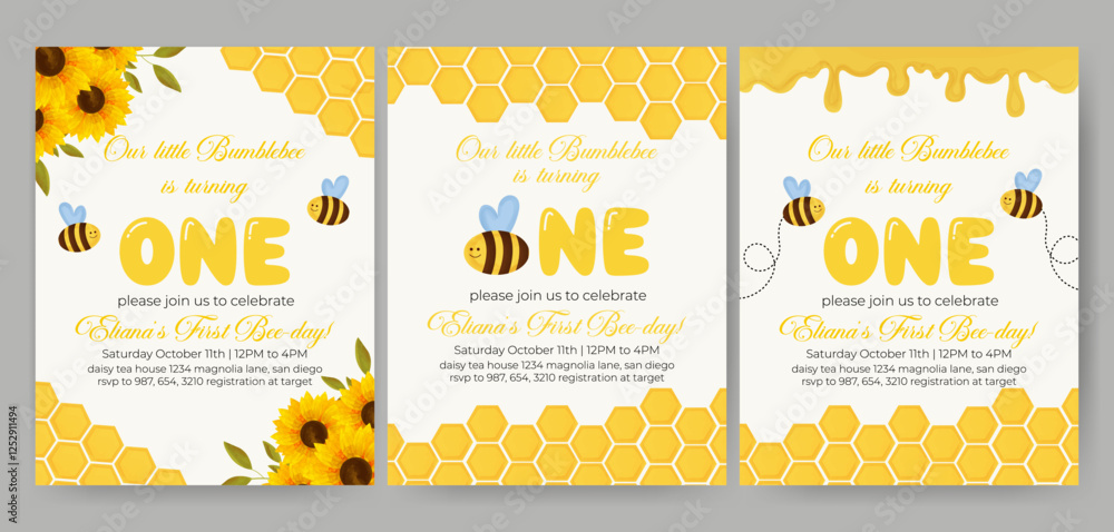 Birthday invitation card vector template design. Bumblebee birthday ...