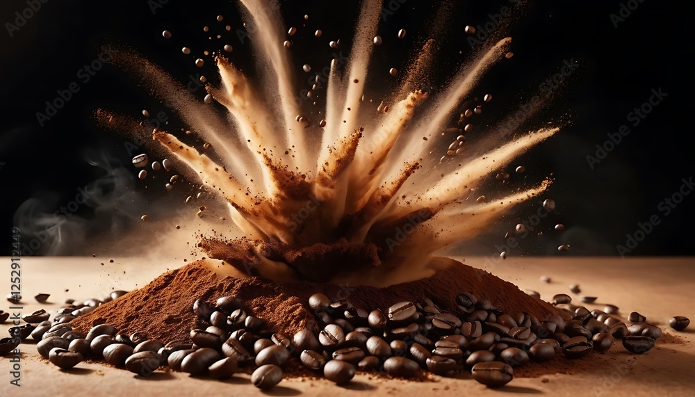 Coffee Bean and Powder Explosion with Smoke for Energy Drink Stock ...