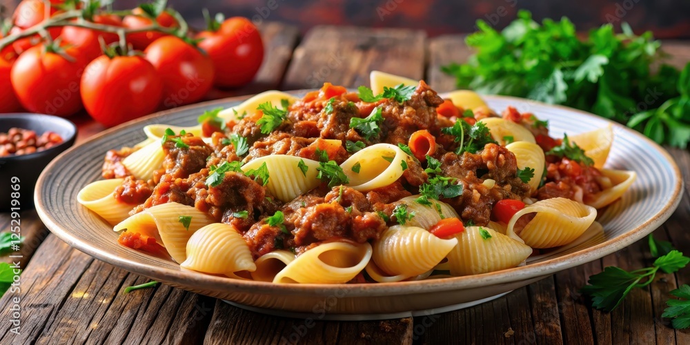 Tender Medium shells pasta nestled in a rich and savory bolognese sauce ...