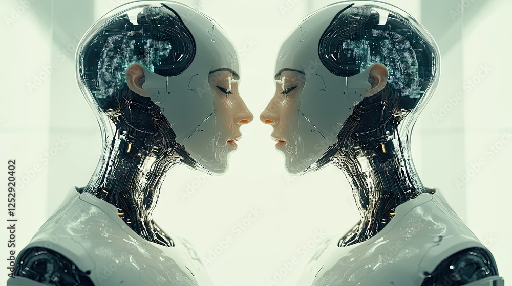 Two AI humanoids facing each other, analyzing data streams and evolving ...