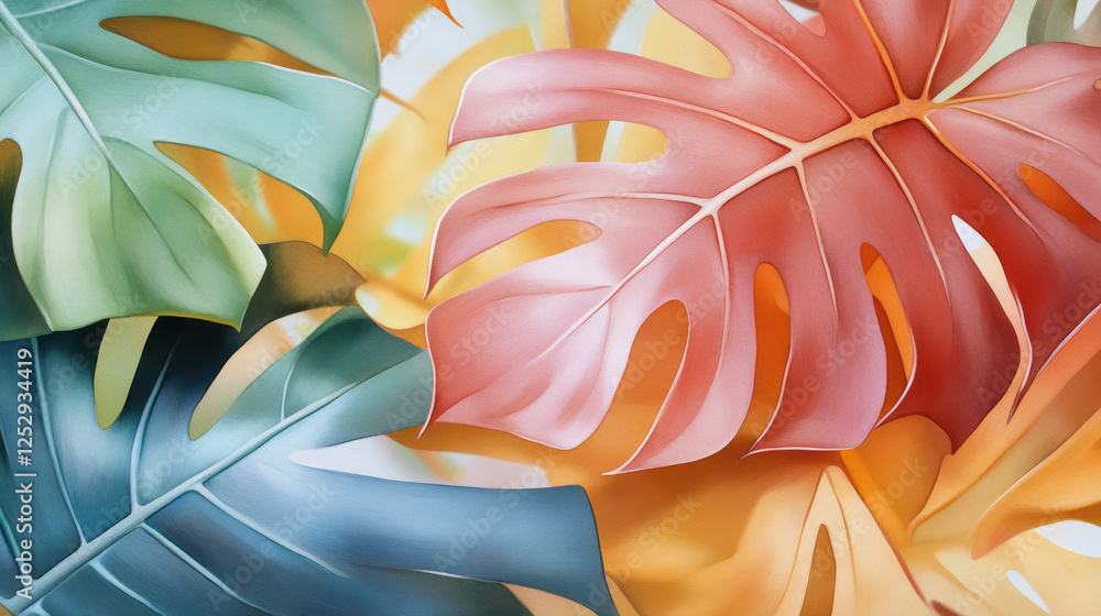 Tropical foliage texture with bold leaf shapes in vibrant colors ...