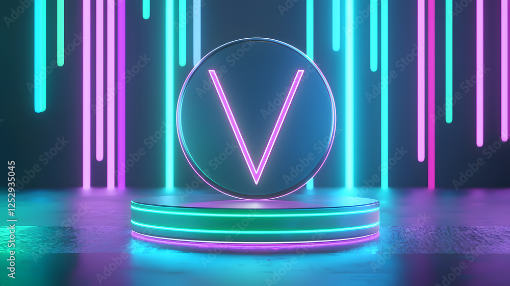 Dynamic neon v logo display studio 3d animation modern digital eye-level futuristic branding ...