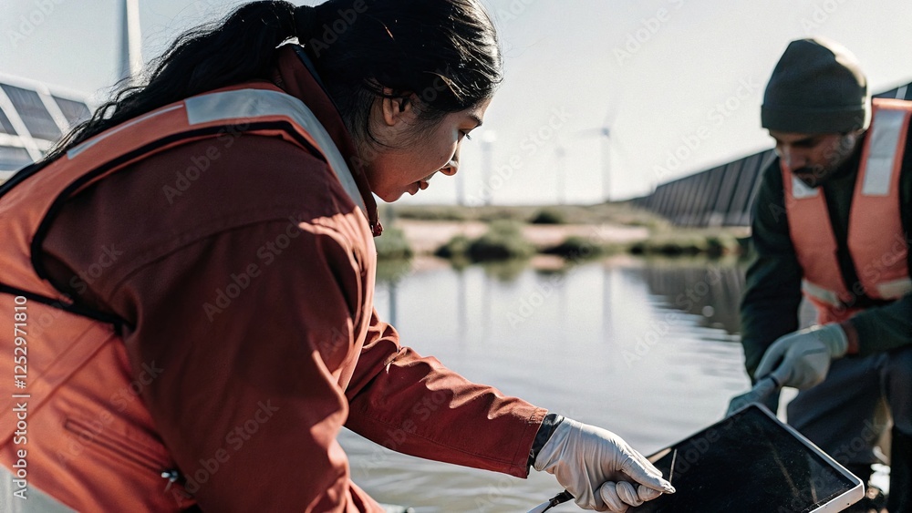 Environmental engineers conducting water quality tests in a stream an ...