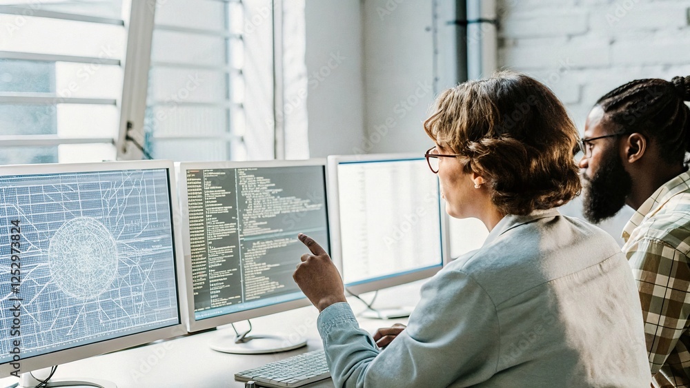 Zdjęcie bez tantiem: Innovative software engineers collaborating in a ...