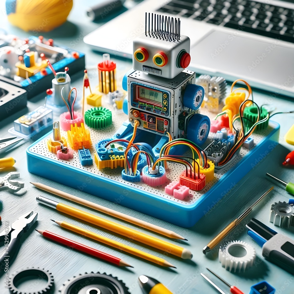 Robotics Kit Components: Close-Up View of Electronic Parts, Motors, Sensors, and ...