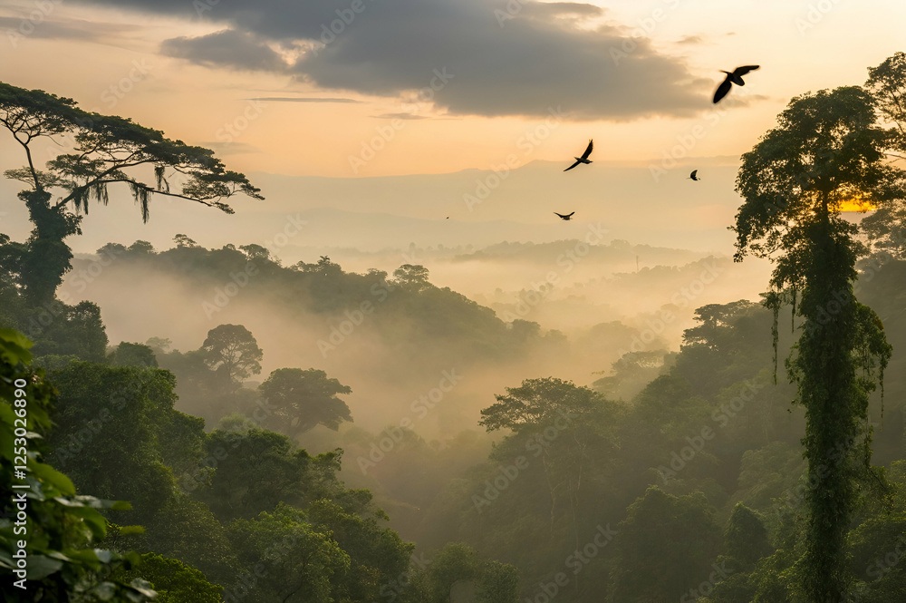 amazon rainforest, Misty Sunrise Over Lush Tropical Rainforest ...