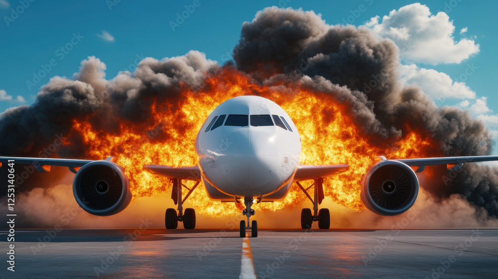 passenger airplane is depicted in front of dramatic explosion ...