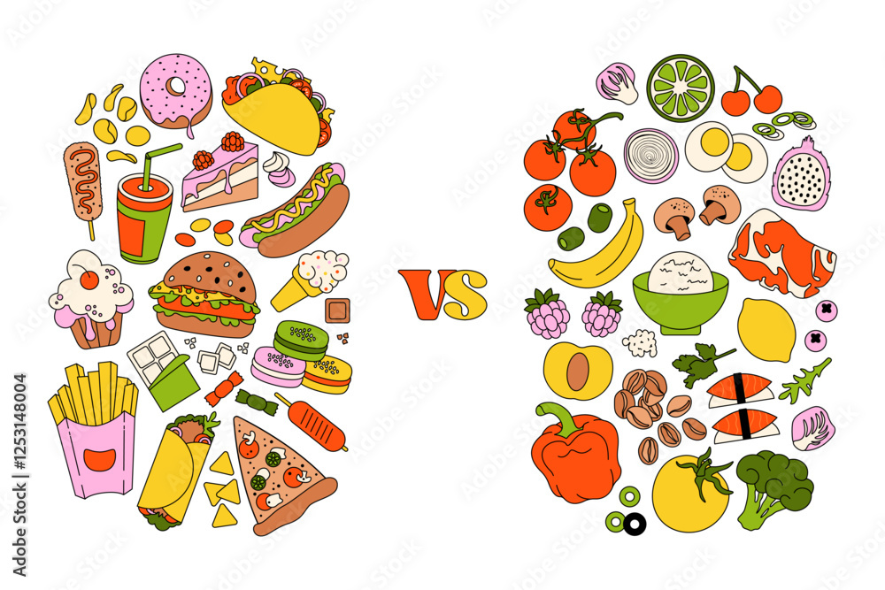 Healthy vs unhealthy food. Fastfood and sweet snacks versus balanced ...