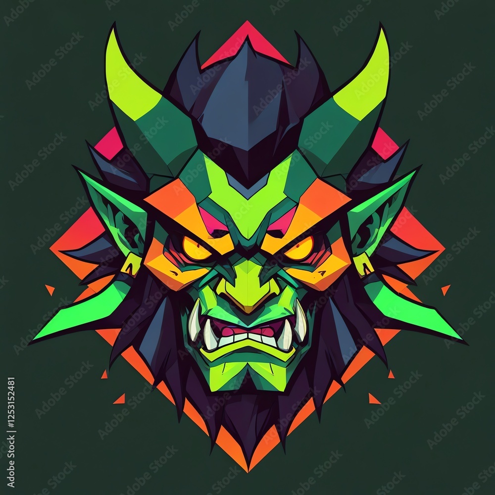 Neon Oni Mask: A vibrant digital art piece showcasing a stylized Oni ...