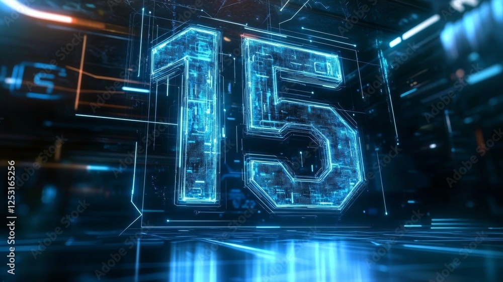 Glowing Digital 3D Number 15 in Futuristic Cyberspace Style on Abstract ...