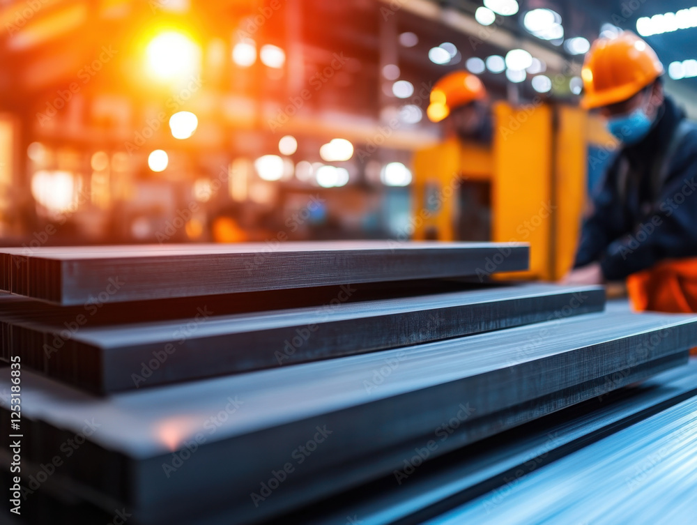 Industrial workers in factory handling metal sheets with safety gear ...