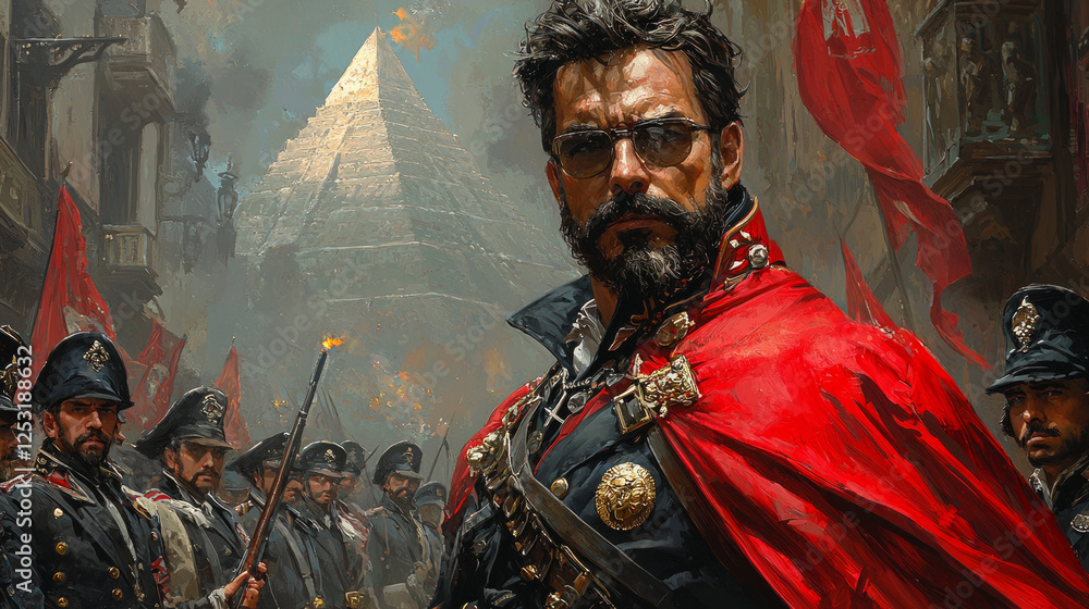 Hernan Cortes stands fearlessly forefront clad in crimson cape. His ...