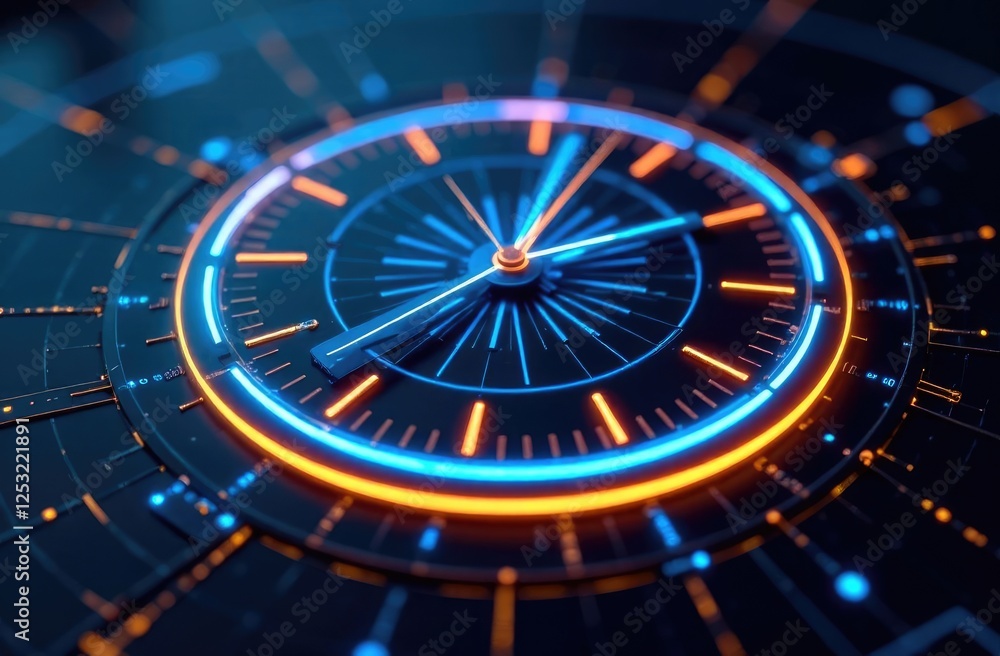 Neon illustration. Futuristic illustration of a clock mechanism with ...