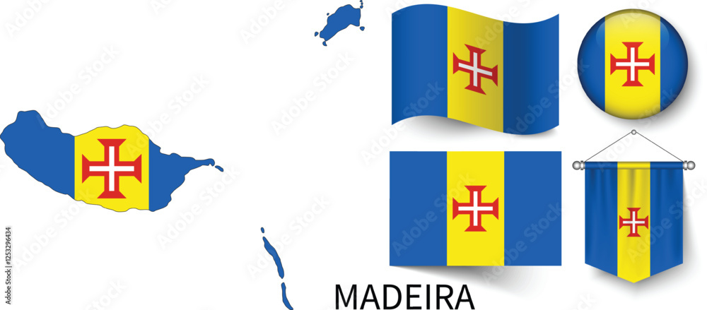 The different designs of Madeira's national flags and the map showing ...