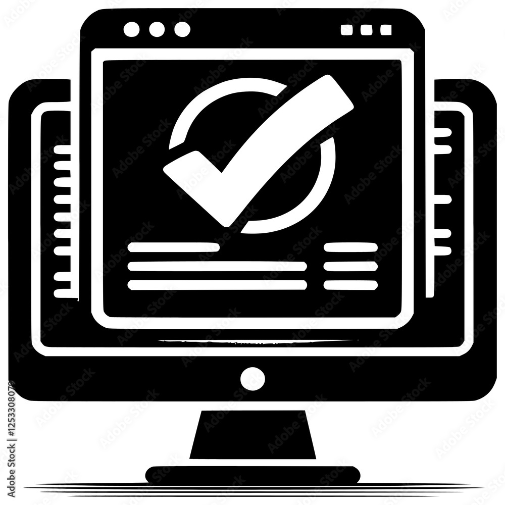 Online Confirmation: A computer screen displays a prominent checkmark ...