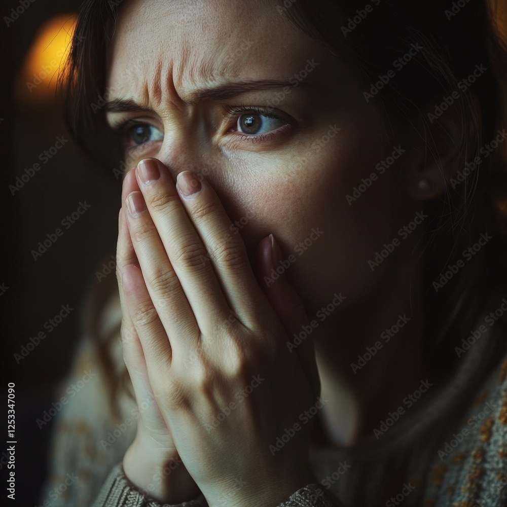 Emotional Woman Holding Her Face with Deep Expression of Concern Stock ...