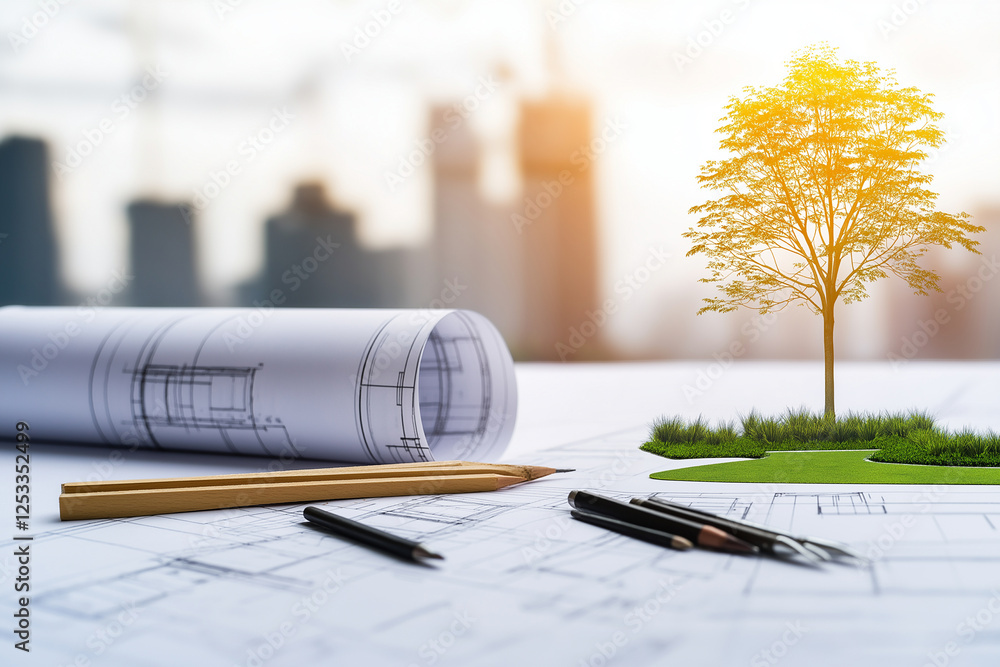 Architectural blueprints with landscape design elements, featuring tree ...