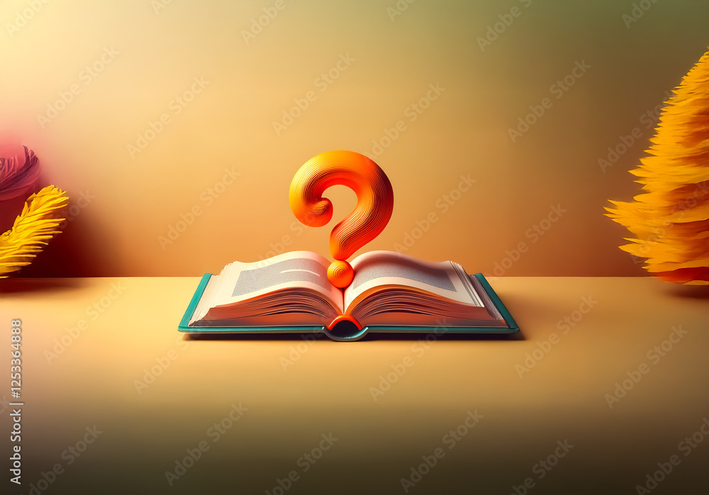Open book with an orange question mark floating above it, set on a smooth gradient backdrop ...
