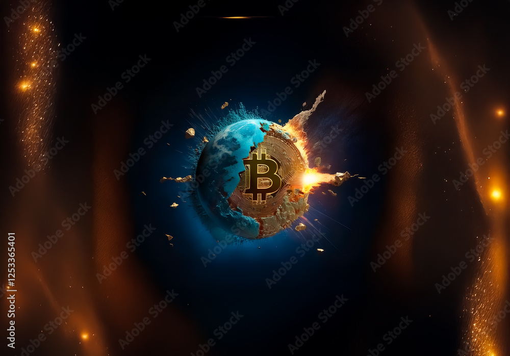 A digital globe with a bitcoin symbol at its core is depicted exploding ...