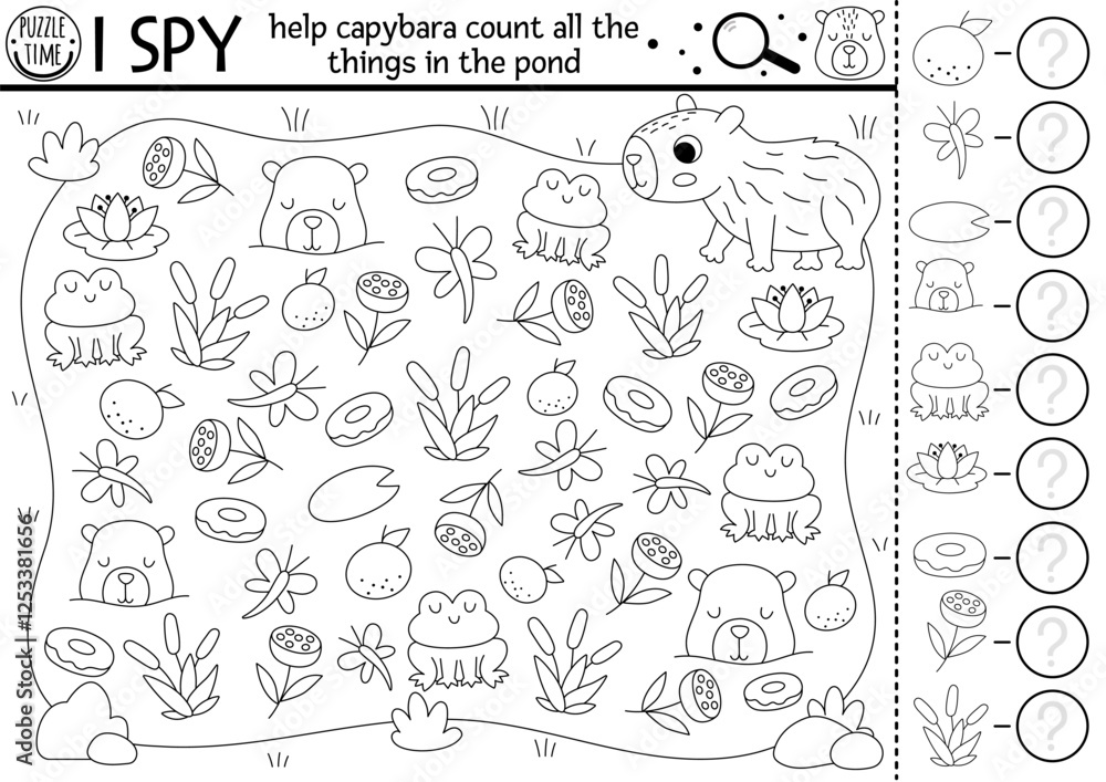 Capybara black and white I spy game for kids. Searching and counting ...