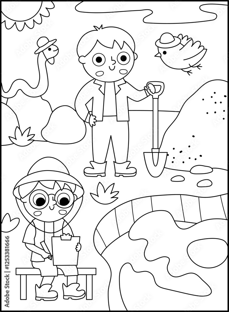 Vector black and white landscape illustration with paleontologists ...