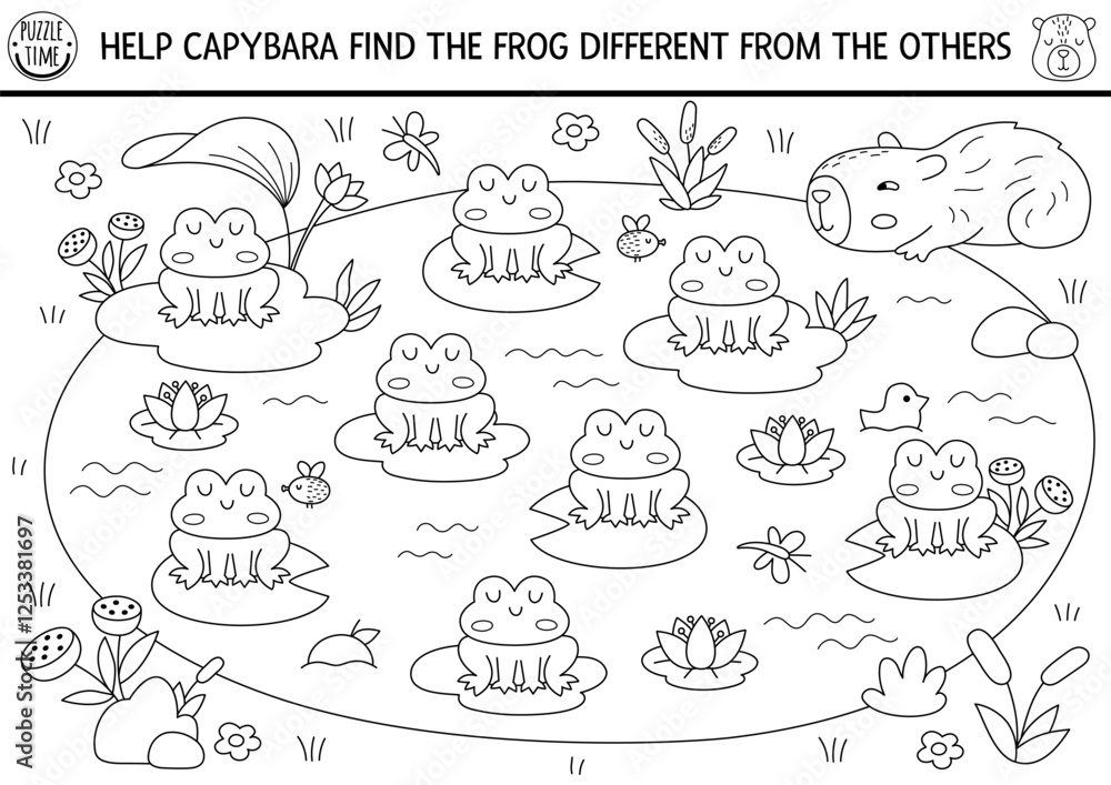Find different frog in the pond. Capibara black and white matching ...