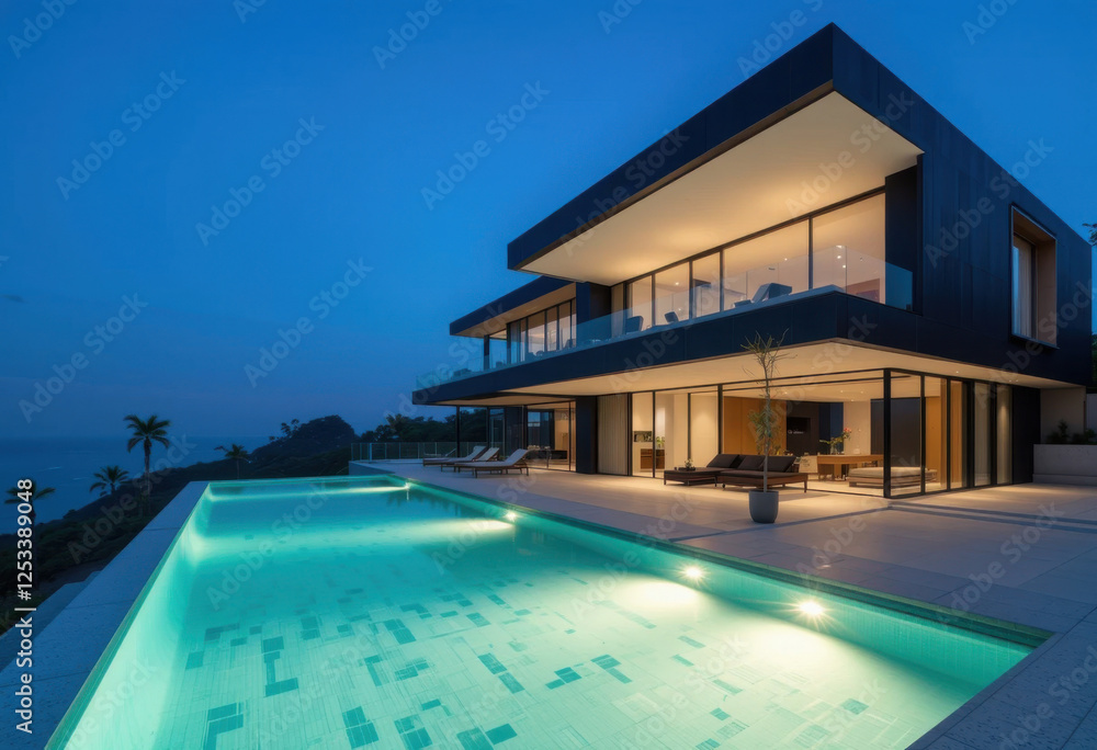 Una villa moderna de alta gama con un piso superior en voladizo, un ...