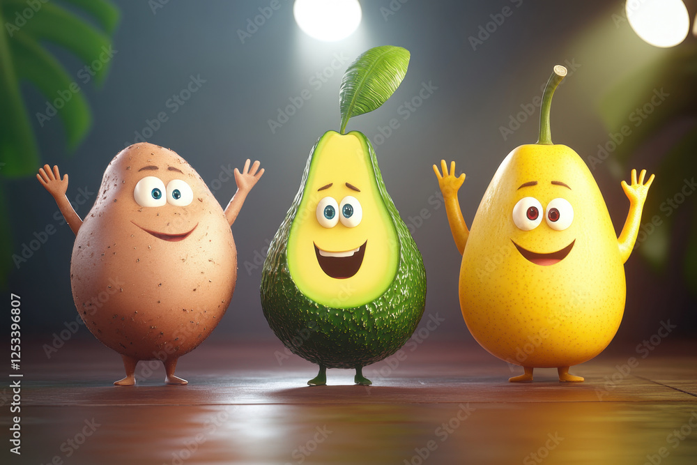 Three 3D characters outdoors, a silly potato, a smart avocado and a ...