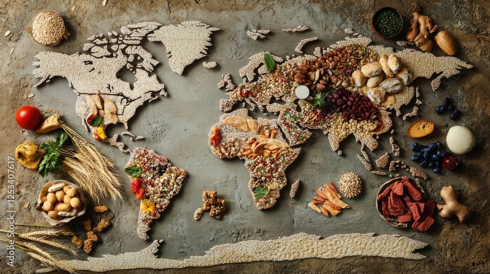 ภาพประกอบ Stock World map made with various healthy food ingredients ...
