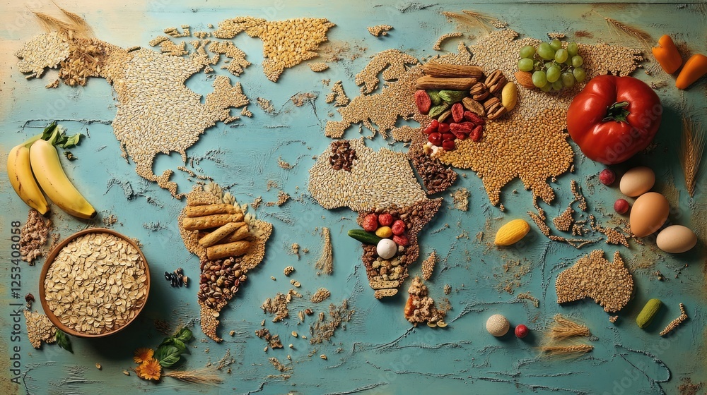 World map made with various healthy food ingredients such as seeds ...