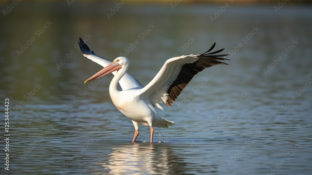 In a tranquil scene, the Great White Pelican balances on one leg while ...