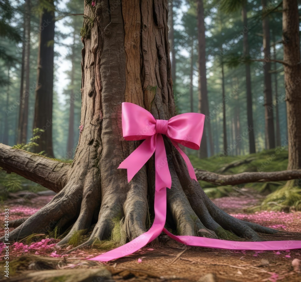 Large pink bow tied to a large wooden tree branch on a forest floor ...