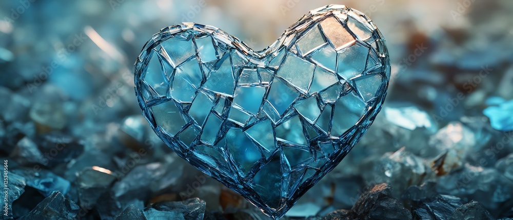 Heart shape made from shattered glass pieces, arranged in an artistic ...