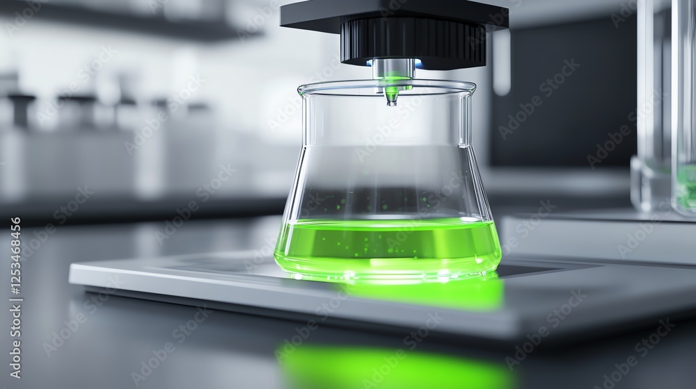 Futuristic chemical analyzer scanning a glowing bioactive substance in ...