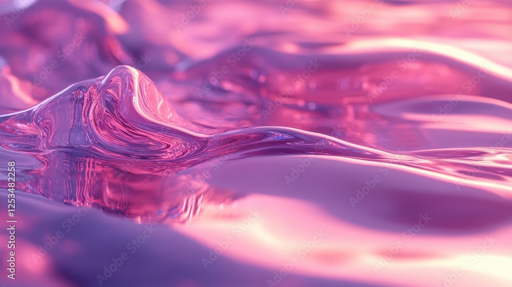 Pink water ripple background with glassy liquid shapes reflecting neon ...