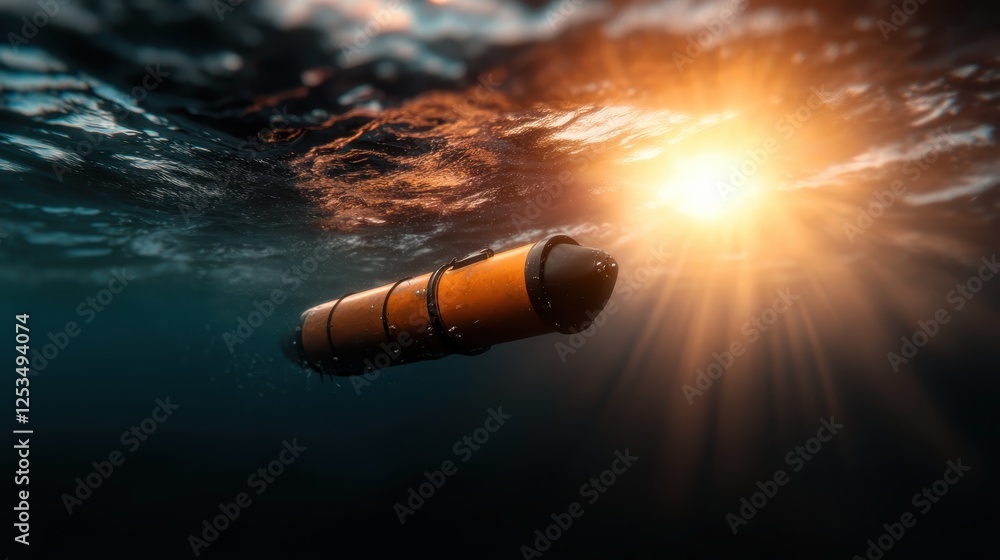 An underwater view captures a submarine gliding through the water ...