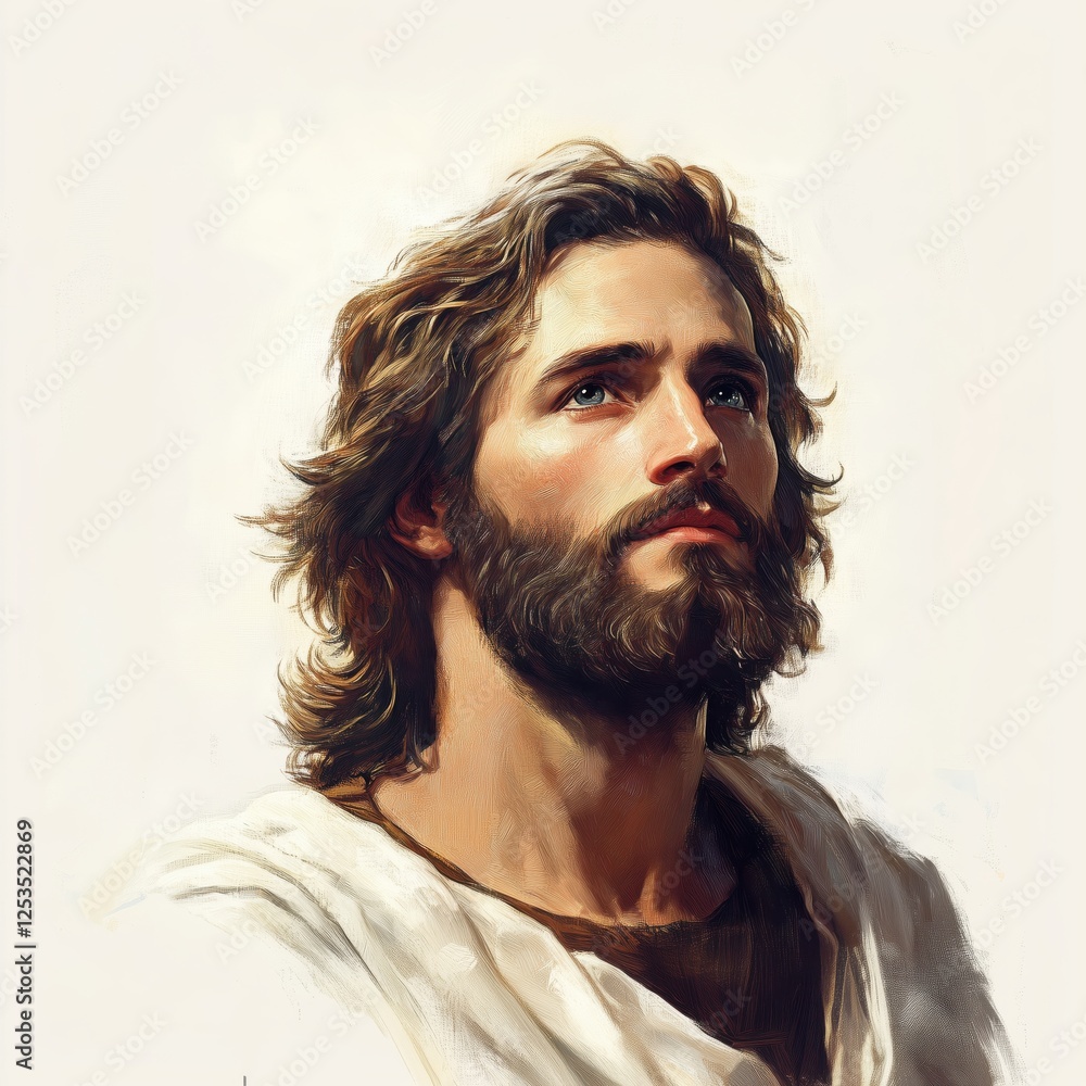 Jesus christ, depicted with long brown hair and beard, gazes upwards in ...