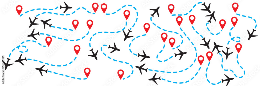 Airplane line path icon of air plane flight route dash line trace with ...