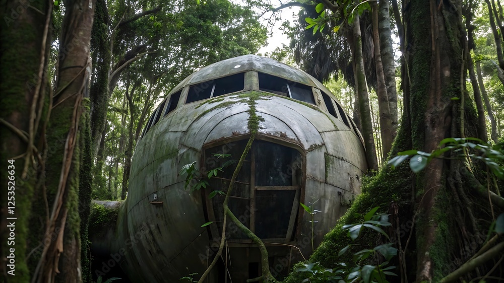 Lost airplane wreck in dense jungle, broken fuselage covered in vines ...