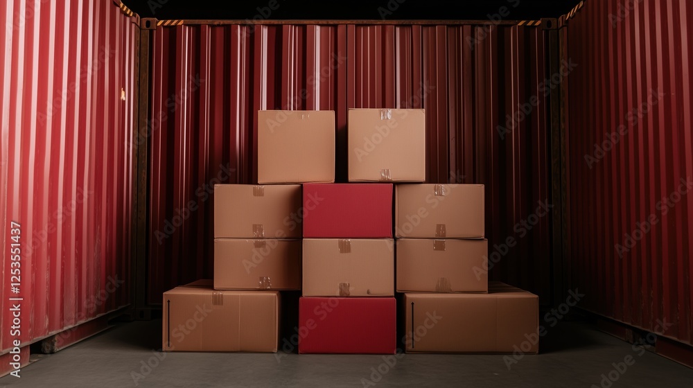 A stack of boxes is piled up in a warehouse. The boxes are brown and ...