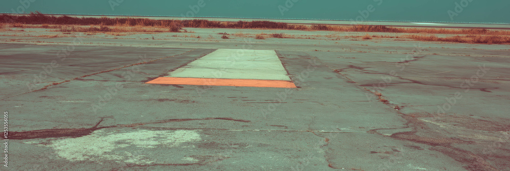 Tire marks on worn runway surface under harsh midday sun display ...