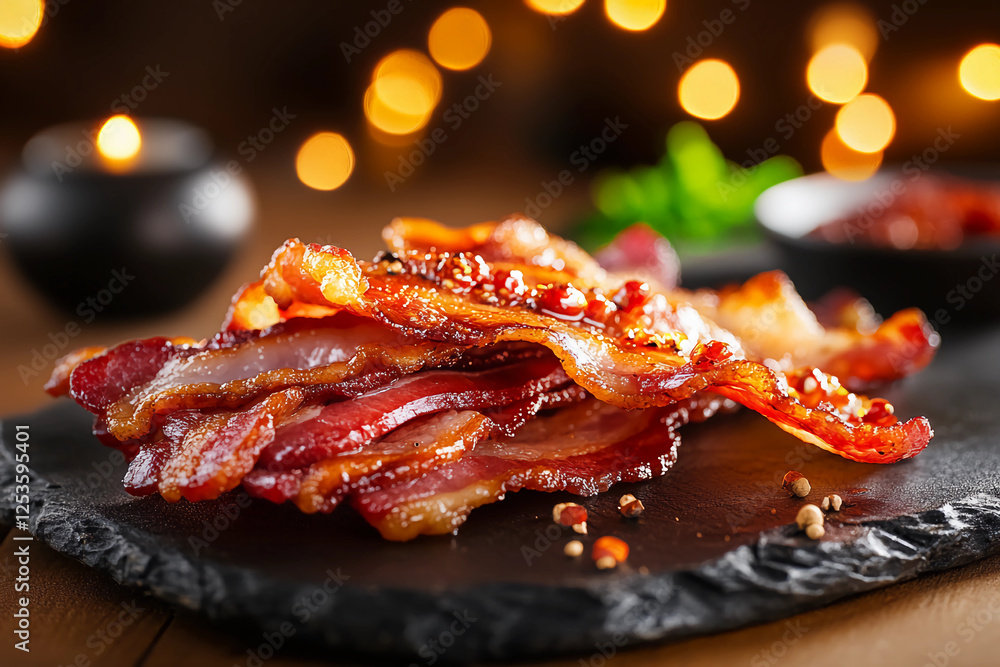 Crispy bacon slice bending in half, making a snapping sound, with a ...