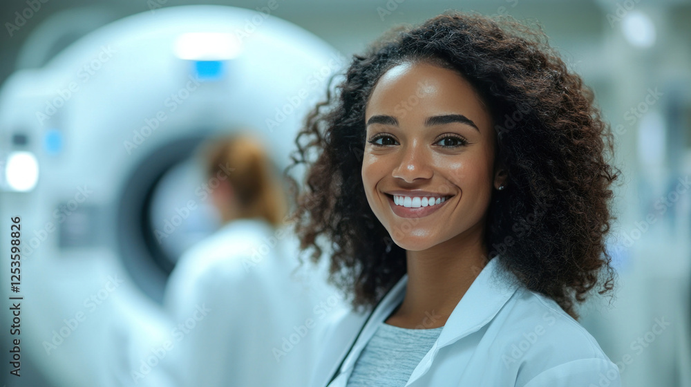 CT scan room showing the patient preparation process with friendly ...