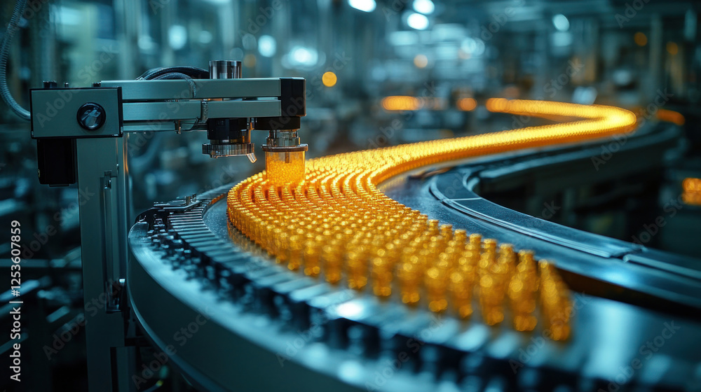 Pharmaceutical industry assembly line with medicines being bottled and ...