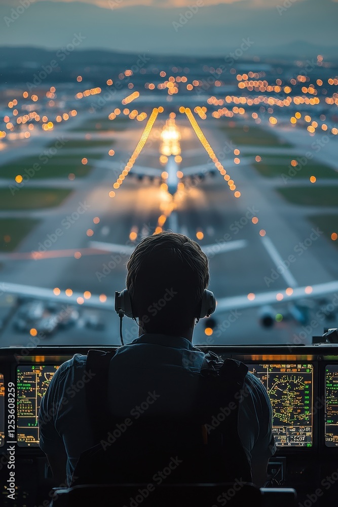 Nighttime cockpit view of an airport with an aircraft preparing for ...