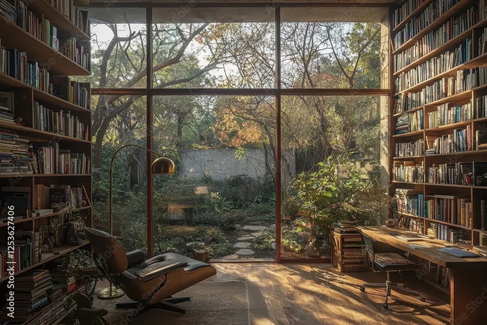 Elegant midcentury modern home library with high fidelity sound serene ...